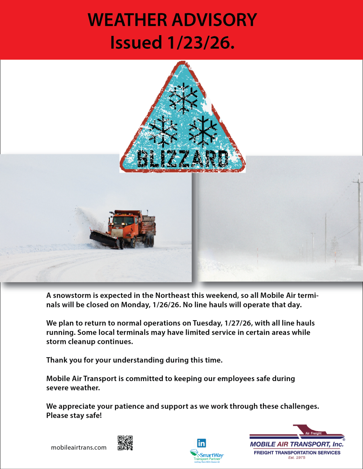 ALERT: Weather Advisory 1/23/2026 – Mobile Air Transport